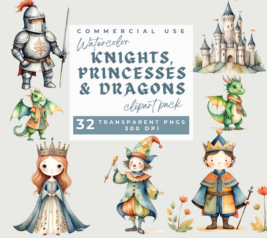 Knights and Princesses Clipart, Watercolor Middle Ages, Medieval Knight ...