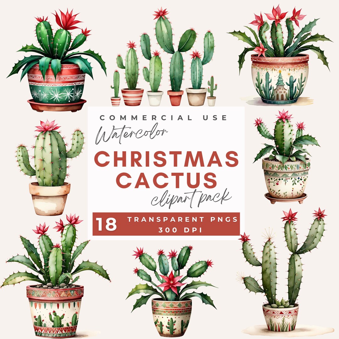 Christmas Cactus Clipart, Watercolor Festive Cactus Clip Art, Christmas ...