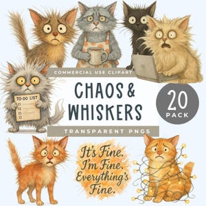 Frazzled Cat Clipart, Frazzled Cat Clip Art, Watercolor Cats With ...