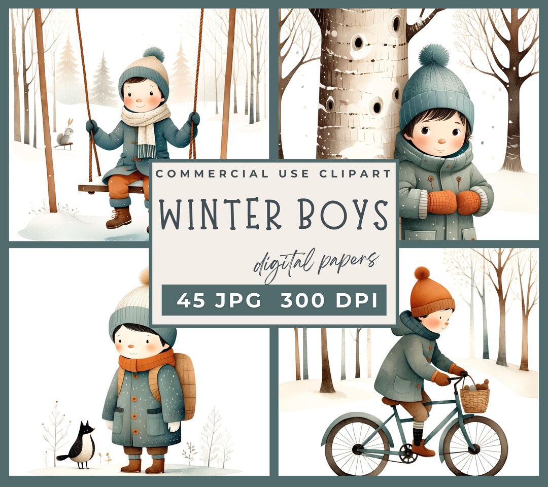 Whimsical Winter Boys Digital Paper Pack Cute Boy Winter Clipart Winter ...
