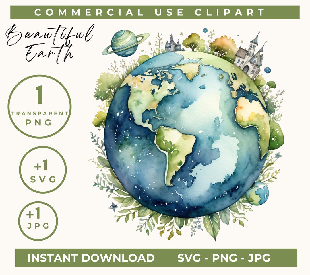 Beautiful Earth Clipart, Watercolor Earth Illustration, Whimsical ...