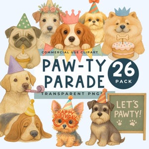 Dogs in Party Hat Clipart, Birthday Dog PNG, Puppy Birthday Party Clip ...