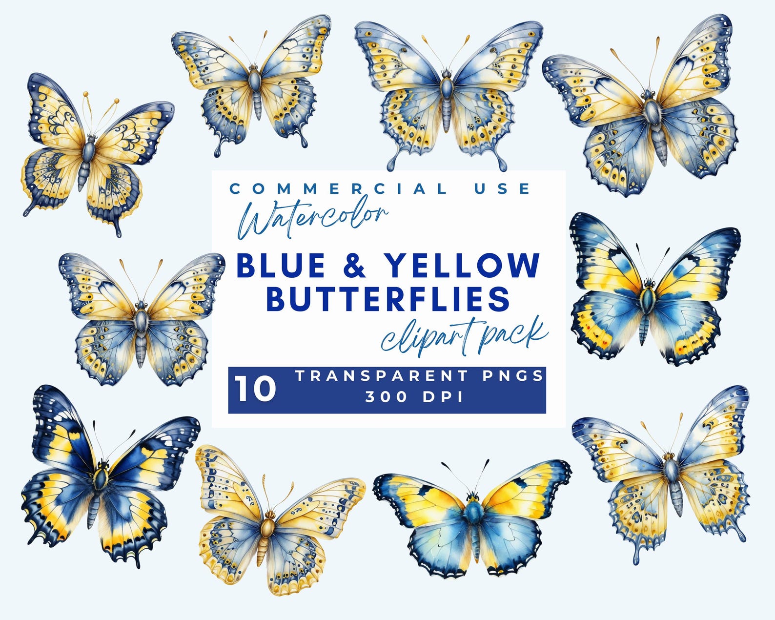 Blue & Yellow Watercolor Butterfly Design, Blue and Yellow Butterflies ...