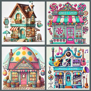 Quirky Shopping Clipart, 18 Whimsical Shopfronts JPG, Colorful Whimsy ...