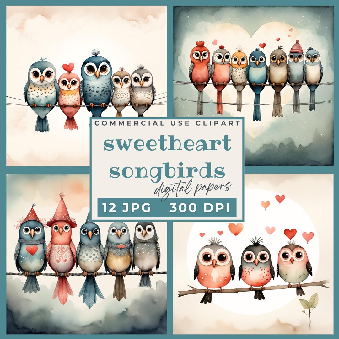 Sweetheart Songbirds, Cute Birds in Love on a Wire Digital Papers, Love ...