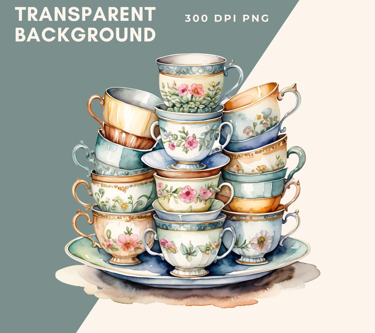 Teacup Stack Clipart, Watercolour Vintage Teacup Stacks Clipart Tea ...