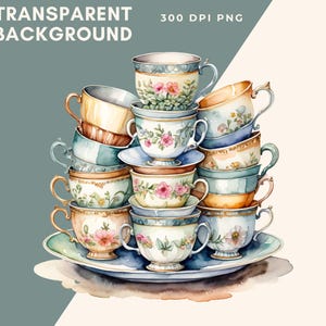 Teacup Stack Clipart, Watercolour Vintage Teacup Stacks Clipart Tea ...