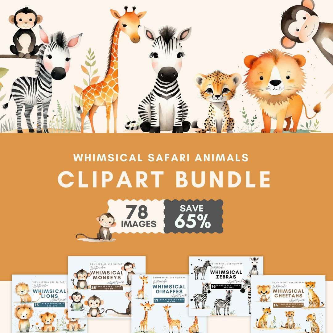 Whimsical Watercolor Safari Animals Clipart Value Bundle, Giraffe Lion ...