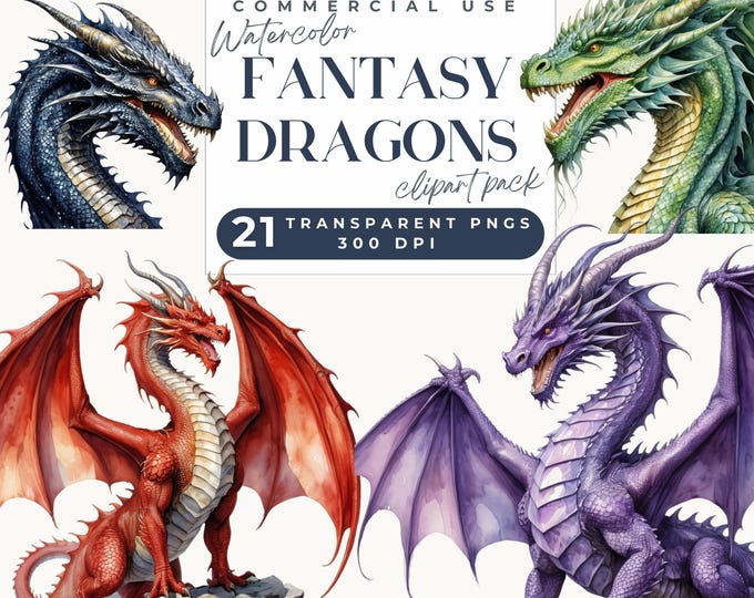 BIG BUND Dragons Watercolor Clipart, Fantasy Dragons PNG, Magical ...