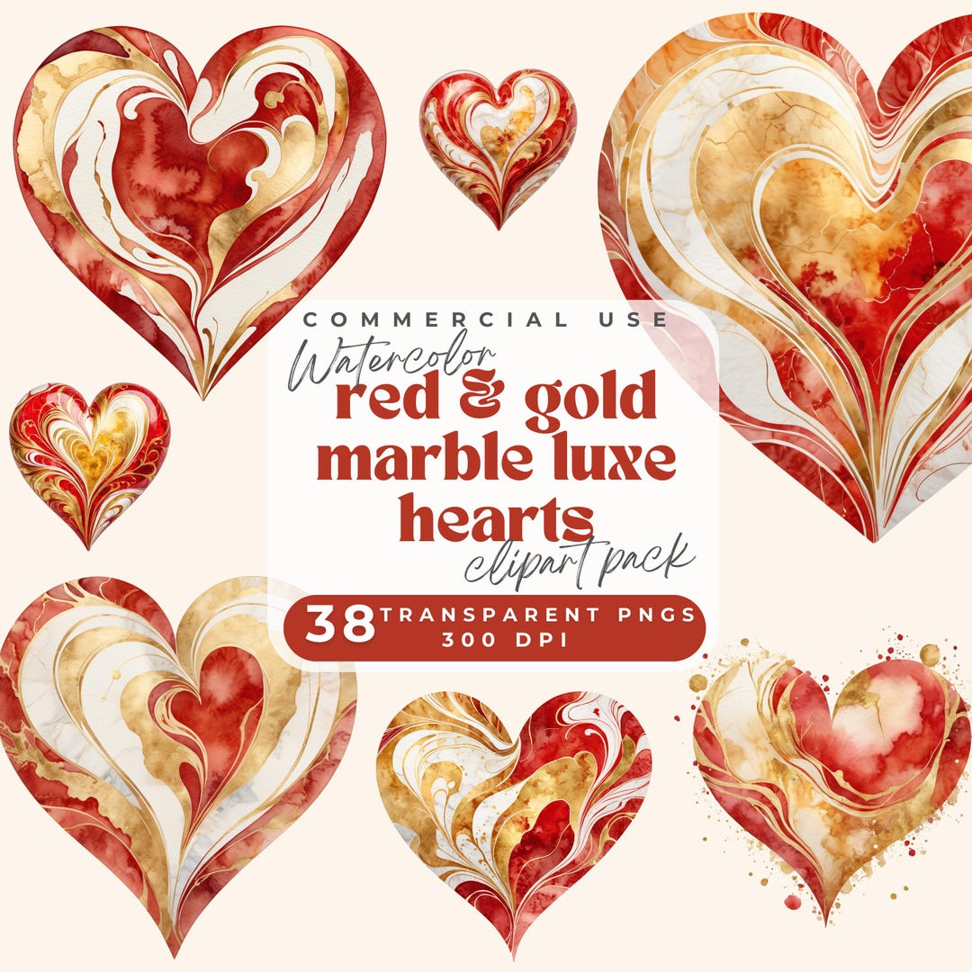 38 Watercolor Red & Gold Marble Hearts Clipart PNG, Digital Hearts for ...