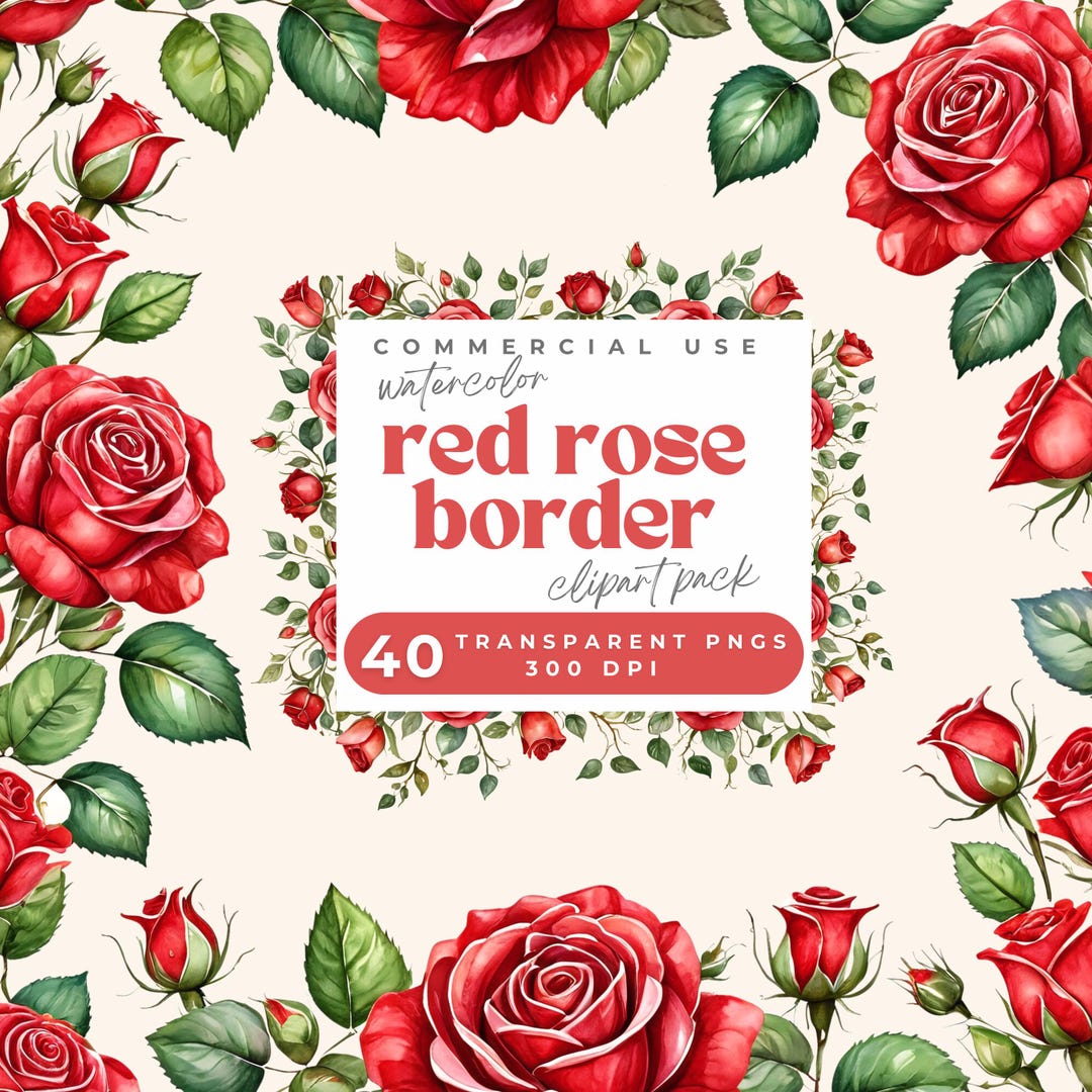 Red Roses Border Watercolor Clipart, Red Rose Border Clipart, Valentine ...