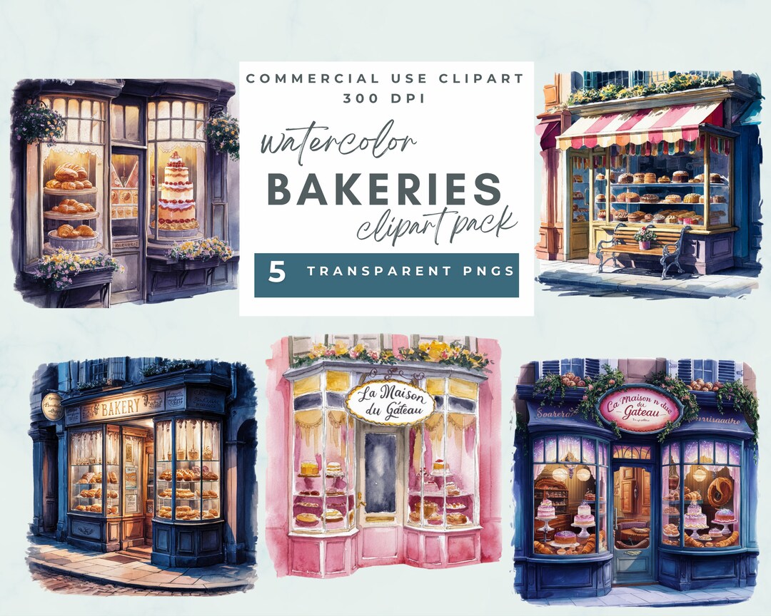 Watercolor Clipart Bakery Storefront, Watercolor Bakery Storefronts ...
