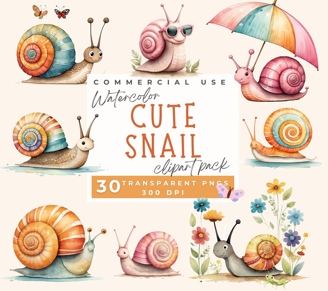 Cute Snail Clipart, Cute Whimsy Watercolor Snail Clip Art Illustration ...