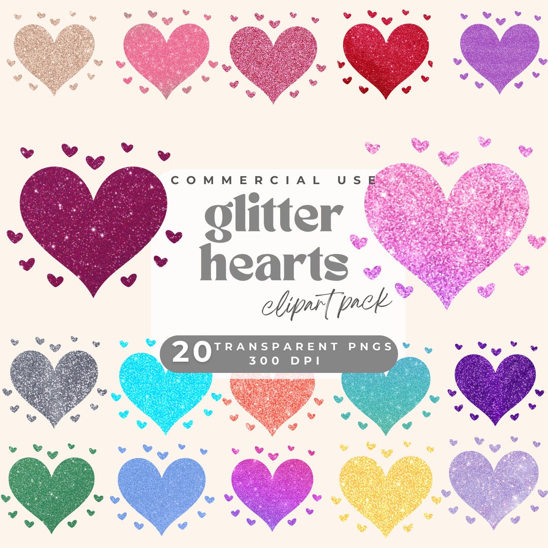 Glitter Hearts Clipart Set Clip Art Set of Rainbow Hearts, Glitter ...
