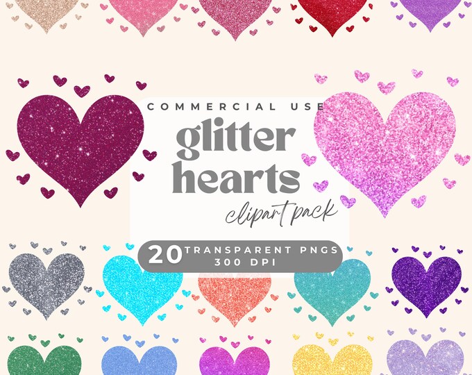 Glitter Hearts Clipart Set - Clip Art Set of Rainbow Hearts, Glitter ...