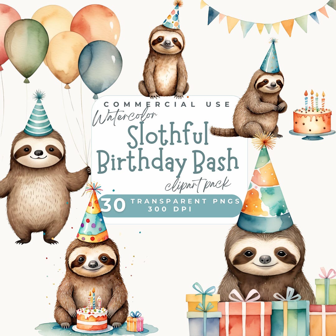 Sloth Birthday Clipart, Watercolor Cute Sloth Birthday PNG Cute ...