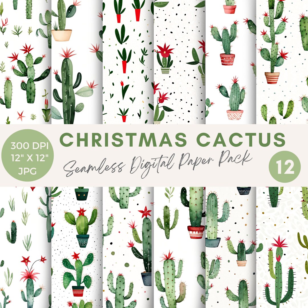Christmas Cactus Seamless Patterns Digital Paper JPG, Watercolor ...