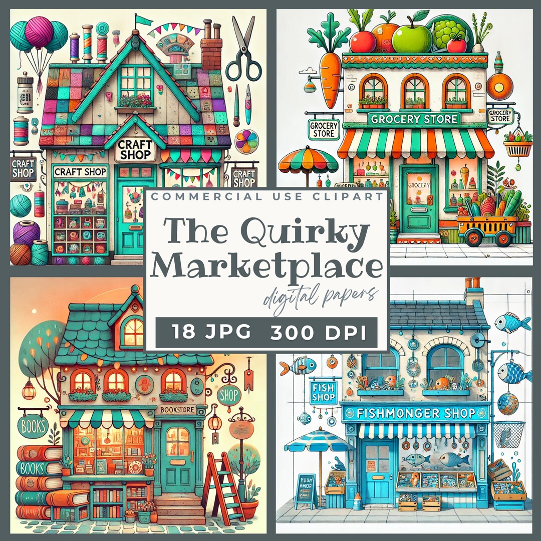 Quirky Shopping Clipart, 18 Whimsical Shopfronts JPG, Colorful Whimsy ...