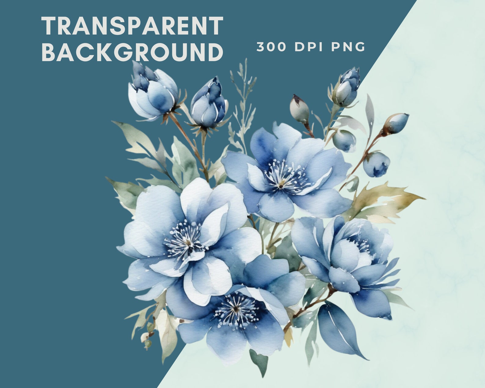 Watercolor Floral Winter Clipart Dusty Blue Floral Clipart, Blue ...