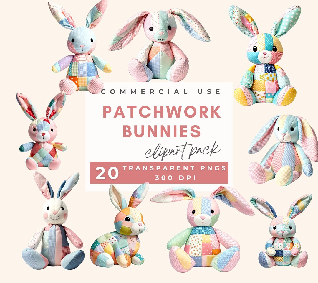Patchwork Toy Bunny Clipart, Stuffed Bunny Clipart, Patchwork Bunnies ...