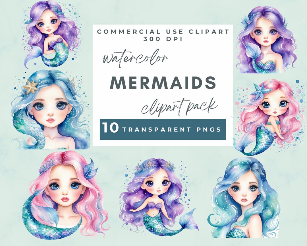 Watercolor Mermaid Clipart, Mermaid PNG Watercolor Cute Mermaid Clipart ...
