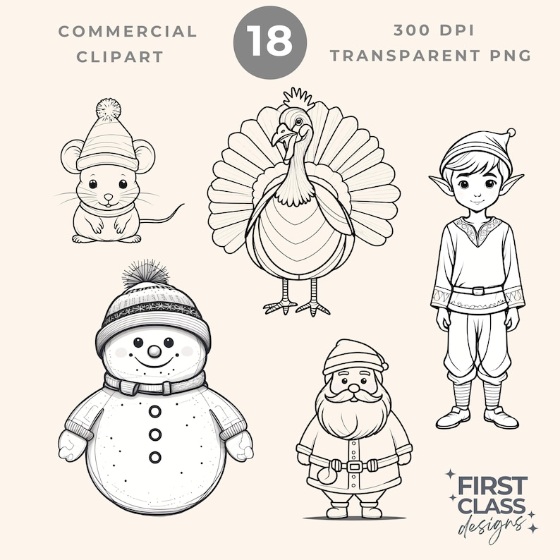 Cute Christmas Line Art Clipart, Cute Fine Art Line Clipart Christmas ...