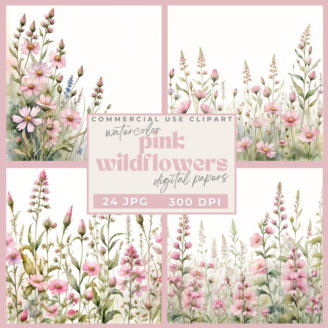 Pink Wildflowers Floral Border Clipart on White Background, Watercolor ...
