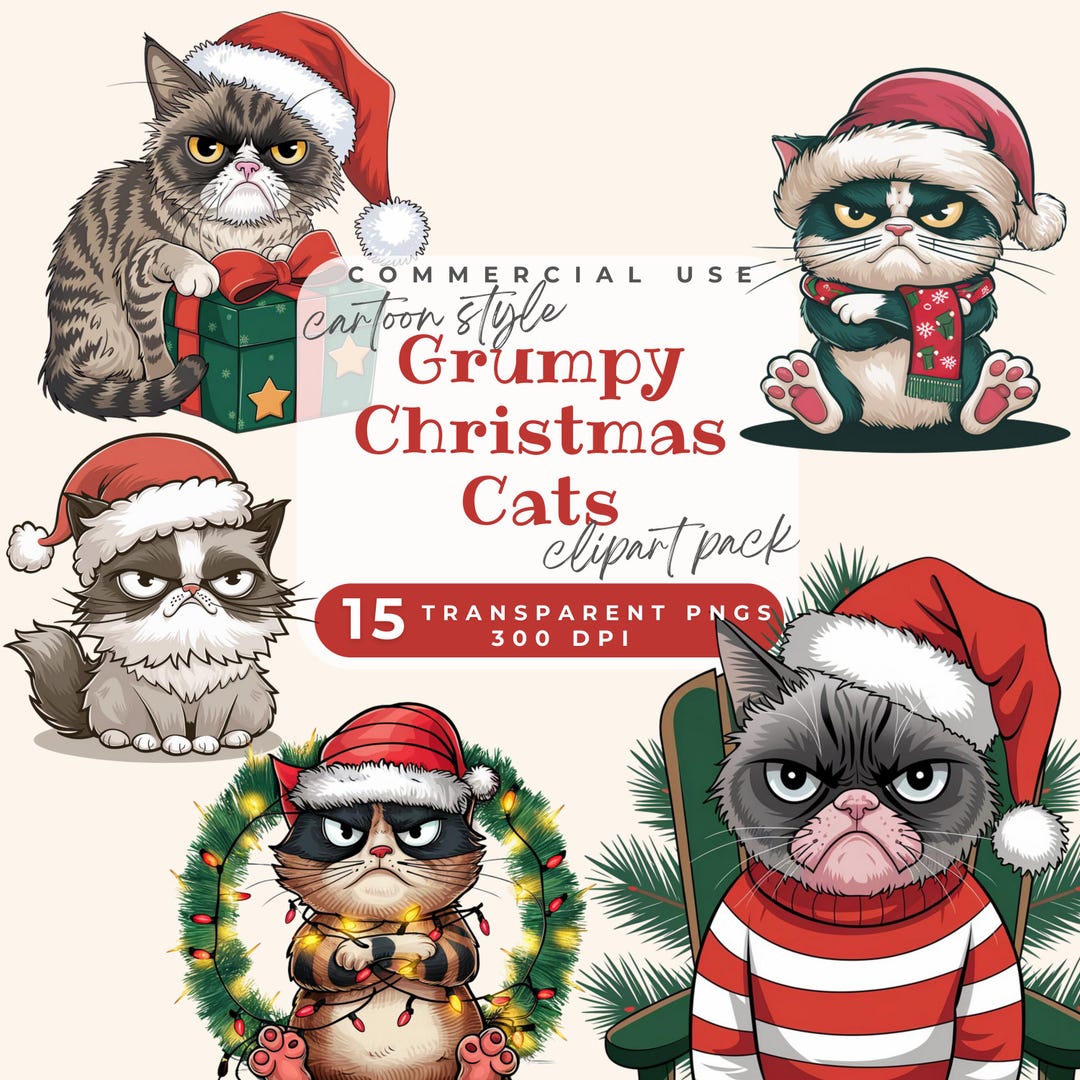 Grumpy Christmas Cat Clipart PNG Cute and Funny Christmas Cat Clip Art ...