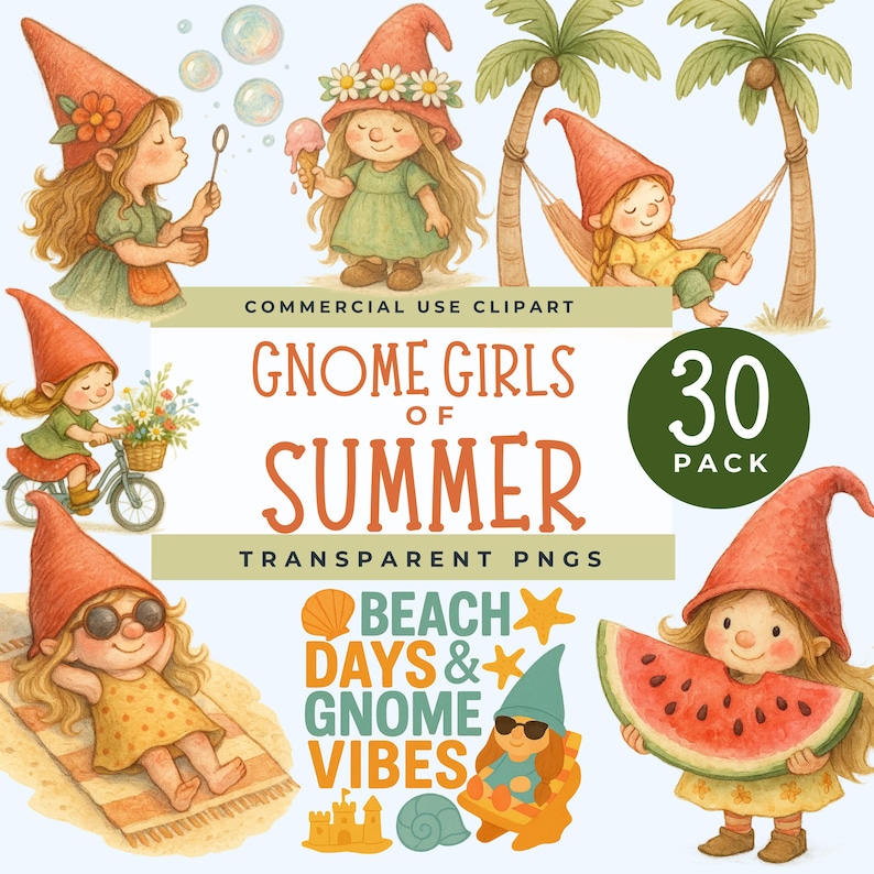 Summer Girl Gnome Clipart, Watercolor Gnome PNG, Cute Summer Clip Art ...