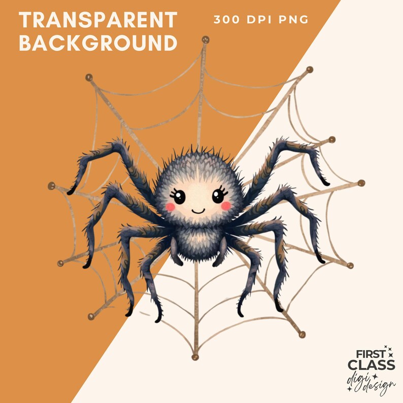Cute Spider in a Web Clipart, Watercolor Clip Art PNG, Whimsical Nature ...