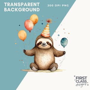 Sloth Birthday Clipart, Watercolor Cute Sloth Birthday PNG Cute ...