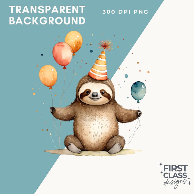 Sloth Birthday Clipart, Watercolor Cute Sloth Birthday PNG Cute ...