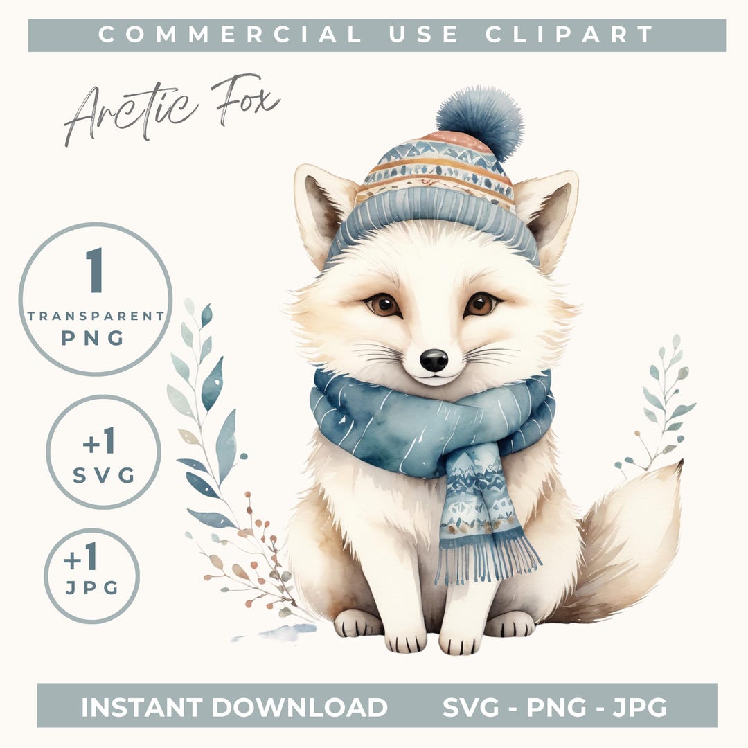 Arctic Fox Clipart, Watercolor Clipart of Arctic Fox, Cute Whimsical ...