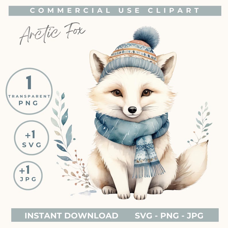 Arctic Fox Clipart, Watercolor Clipart of Arctic Fox, Cute Whimsical ...
