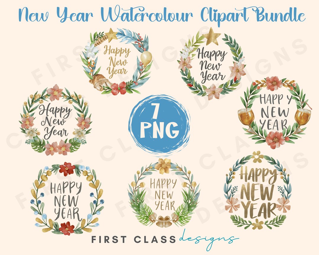 Happy New Year Watercolour Clipart Bundle, Happy New Year Wreaths, New ...