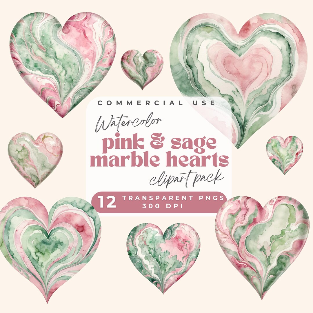 Pink and Sage Marble Heart Clipart – Elegant Watercolor Pink and Sage ...