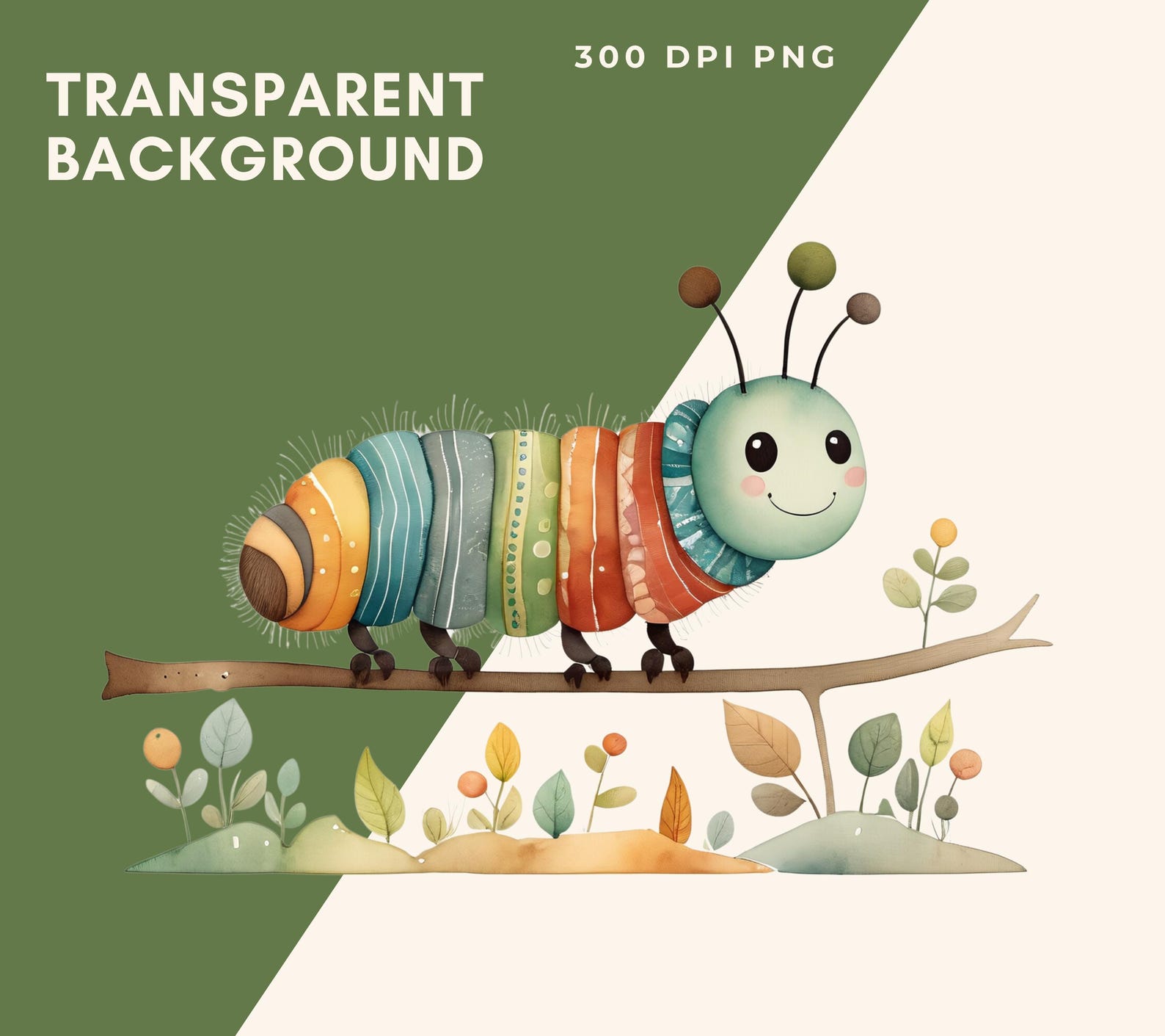Watercolor Caterpillar Clipart, Whimsical Caterpillar Clip Art PNG ...