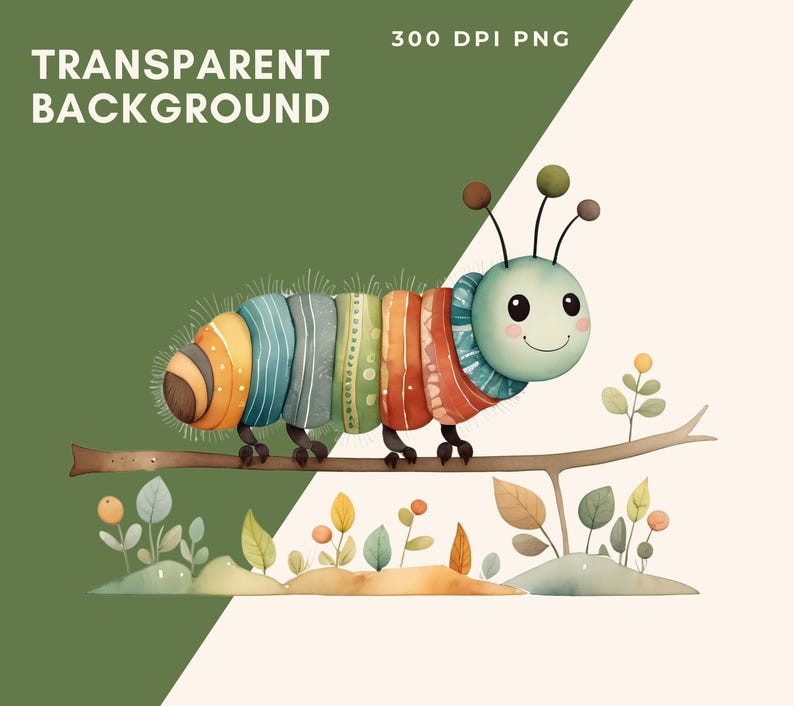 Watercolor Caterpillar Clipart, Whimsical Caterpillar Clip Art PNG ...