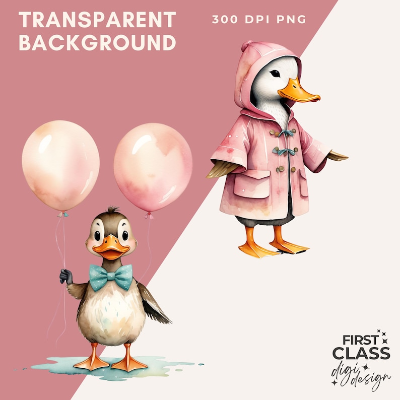 Pink Duck Clipart, Cute Watercolor Ducklings, Pastel Farm Animal Art ...