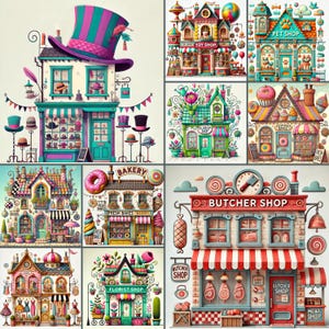 Quirky Shopping Clipart, 18 Whimsical Shopfronts JPG, Colorful Whimsy ...