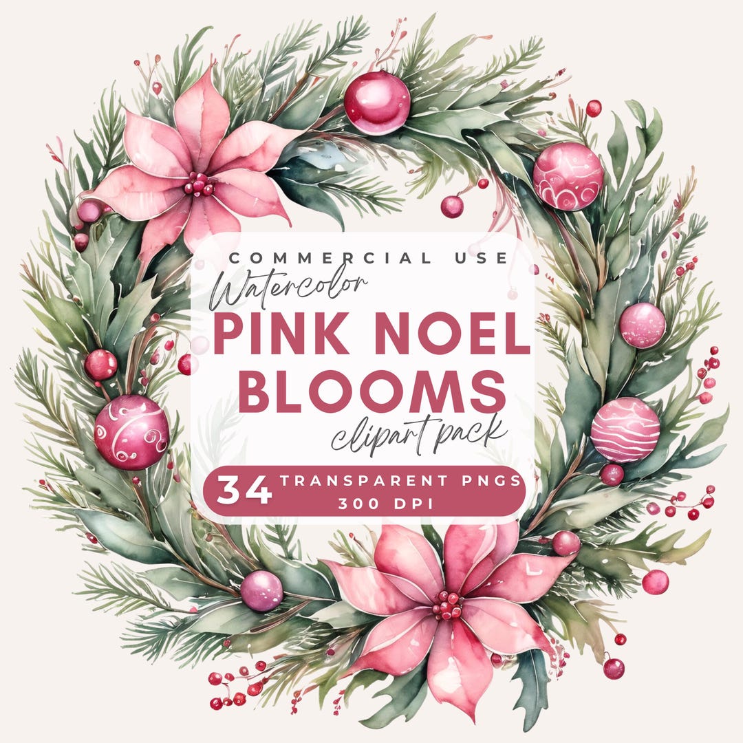 Pink Christmas Wreath Clipart, Watercolor Pink Coquette Bow Wreath ...