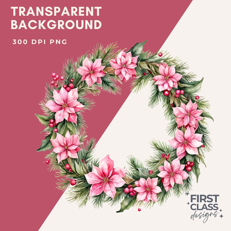 Pink Christmas Wreath Clipart, Watercolor Pink Coquette Bow Wreath ...