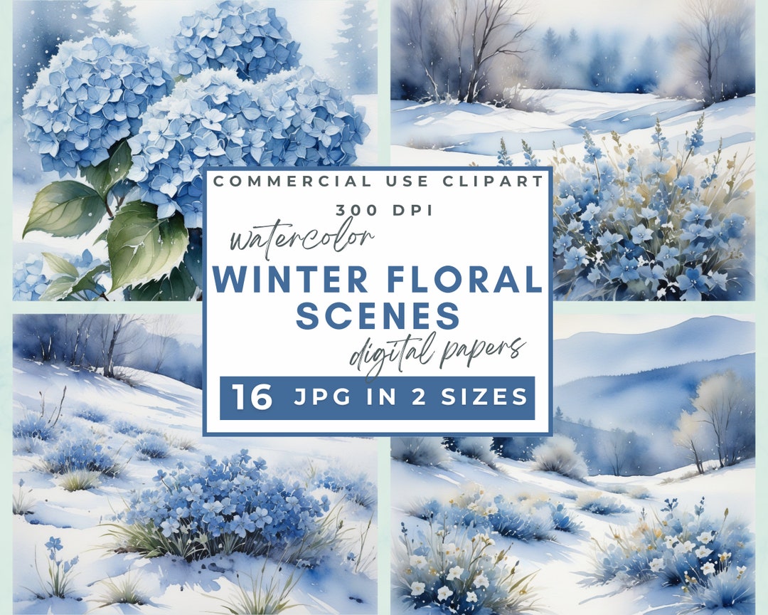 Watercolor Floral Winter Dusty Blue Digital Papers Dusty Blue Floral ...
