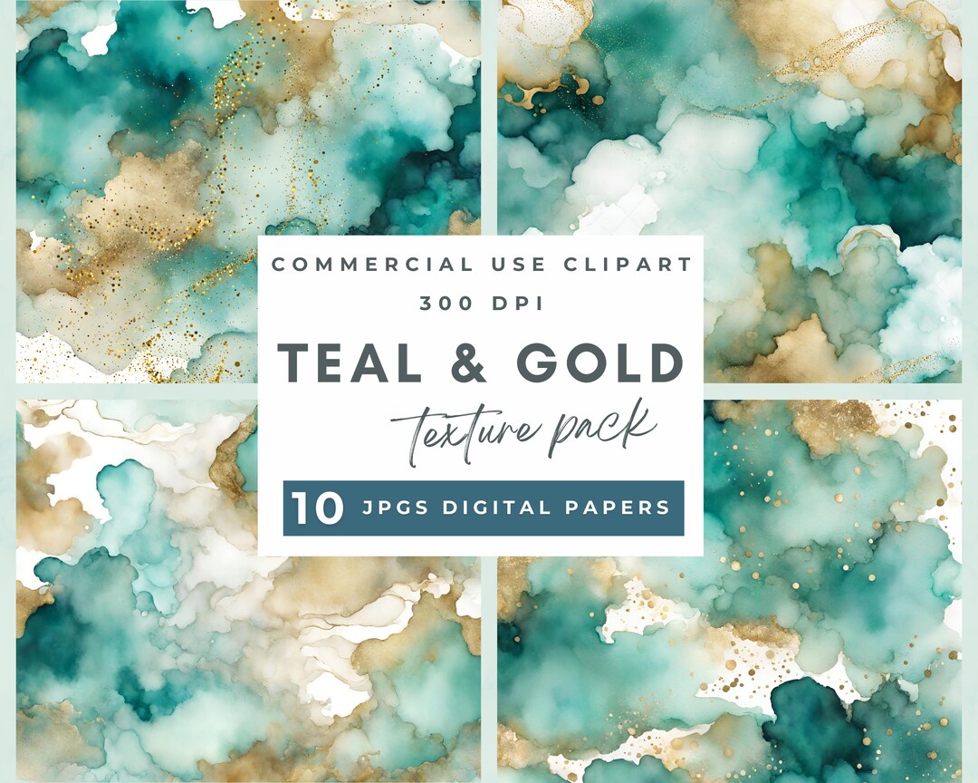 Teal and Gold Texture Clipart, Teal and Gold Alcohol Ink Digital Papers ...
