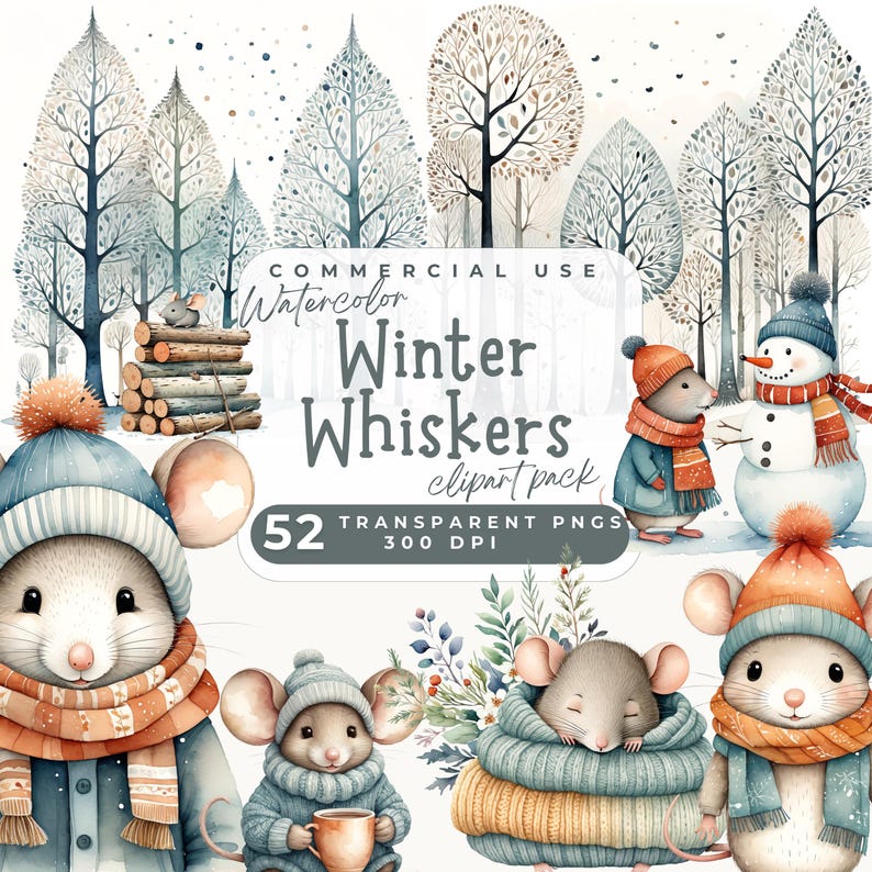 Watercolor Winter Mouse Clipart, Winter Mice Card Making, Coordinating ...