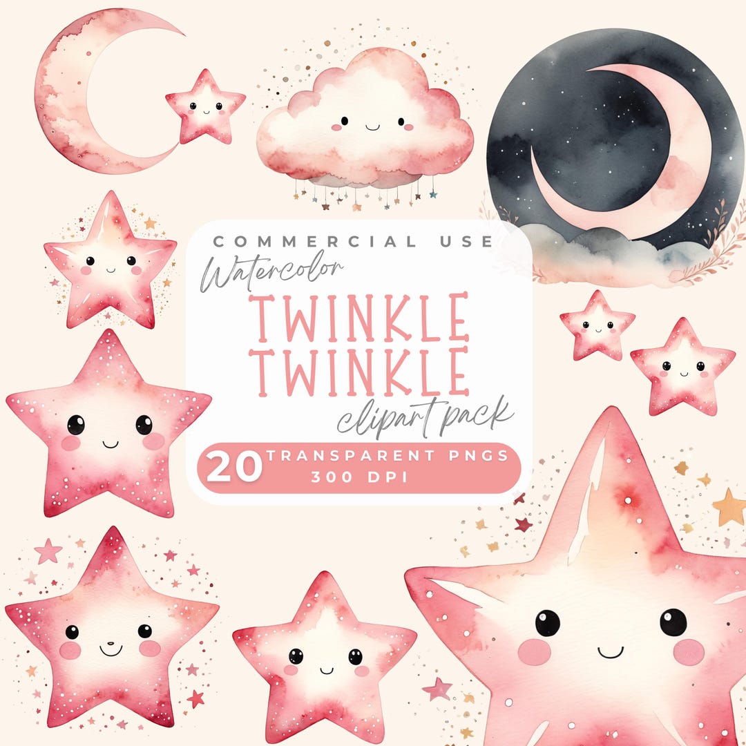 Twinkle Twinkle Little Star Baby Clipart, Cute Pink Stars Cloud Moon ...
