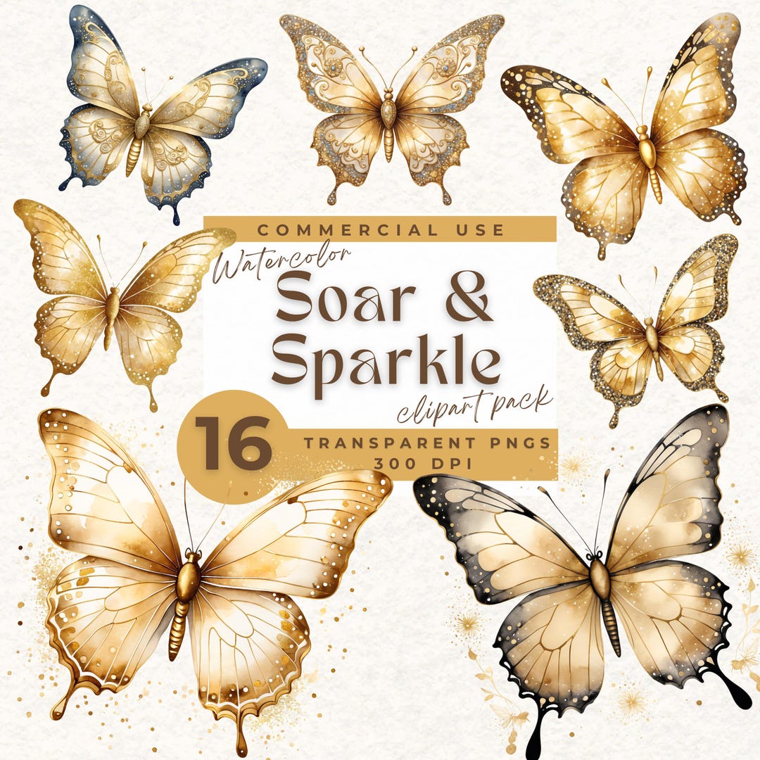 Gold Glitter Butterfly Clipart, Sparkly Butterflies PNG, Watercolor ...