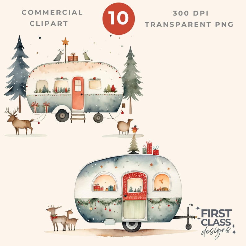 Christmas Caravan Clipart, Watercolor Mini Camper Christmas PNG ...