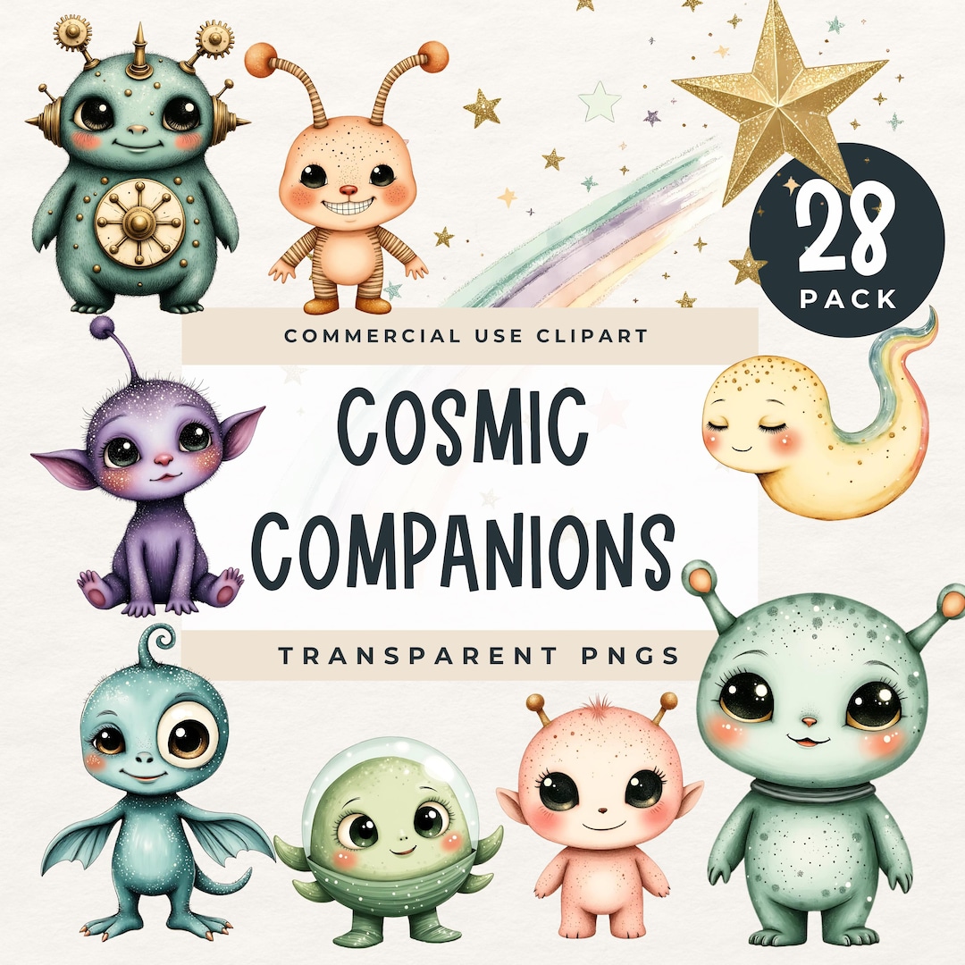 Cosmic Companions Alien Clipart, Cute Space Creatures Clip Art PNG ...