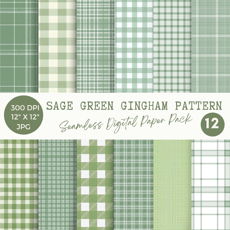 Sage Green Gingham Pattern Digital Paper, Green Checkered Backgrounds ...